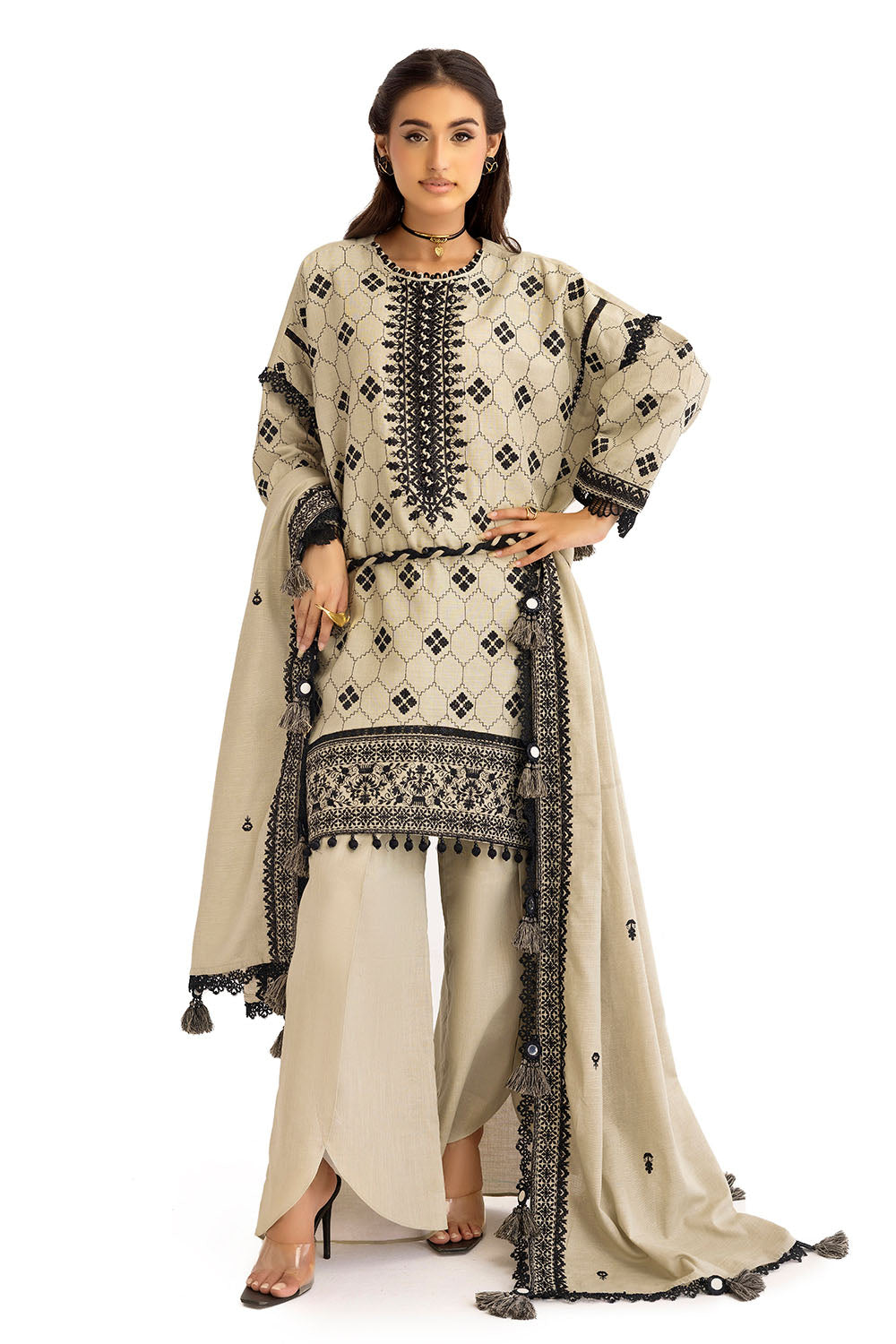 3 Piece Embroidered Khaddar Suit with Back and Dupatta K-52033 ...