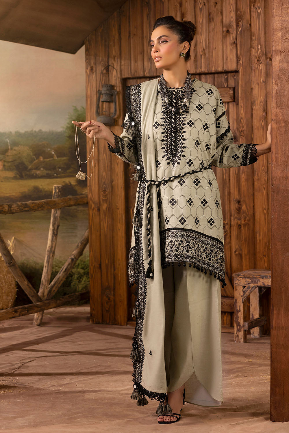 3 Piece Embroidered Khaddar Suit with Back and Dupatta K-52033 ...